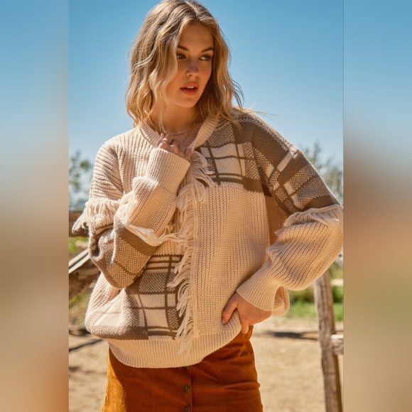 And The Why | Sweaters | And The Why Plaid Pattern Color Block Fringe ...